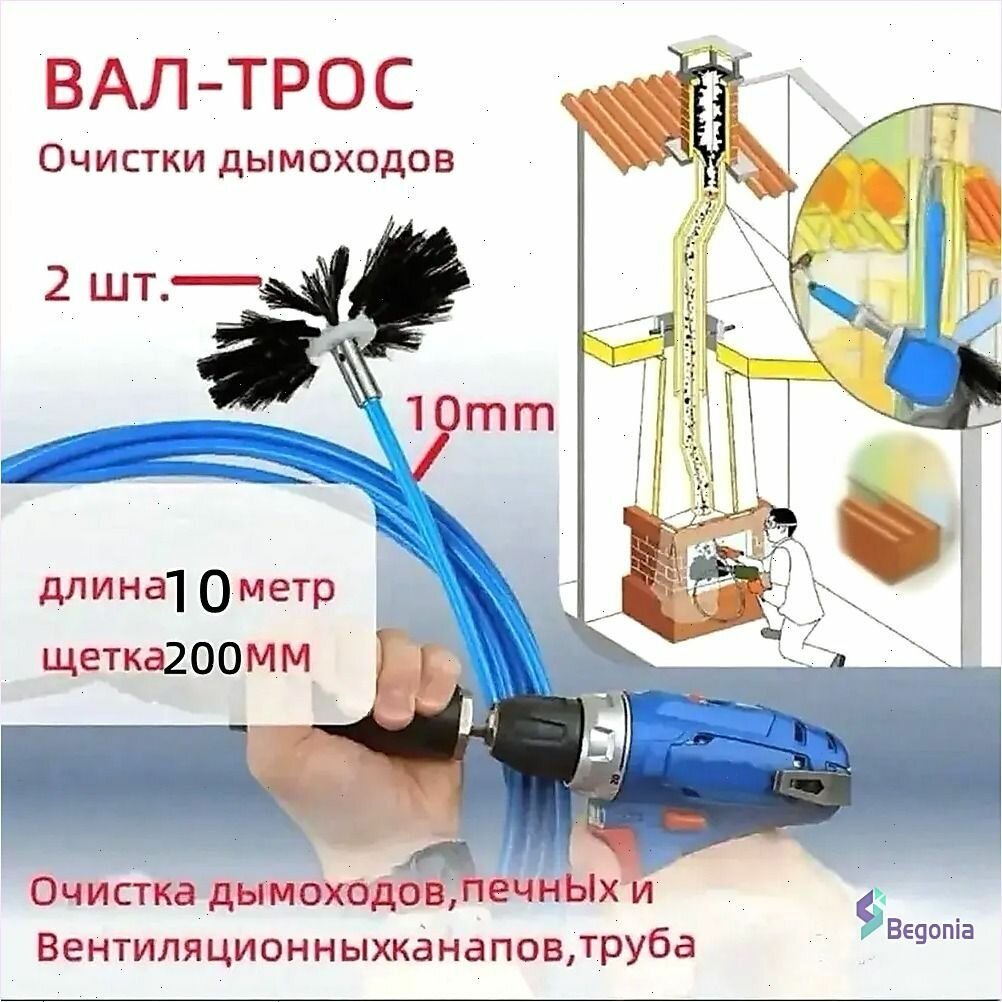 Вал-трос для механической чистки дымоходов и вентиляции. Длина 10 м. щетка диаметр 200 мм.