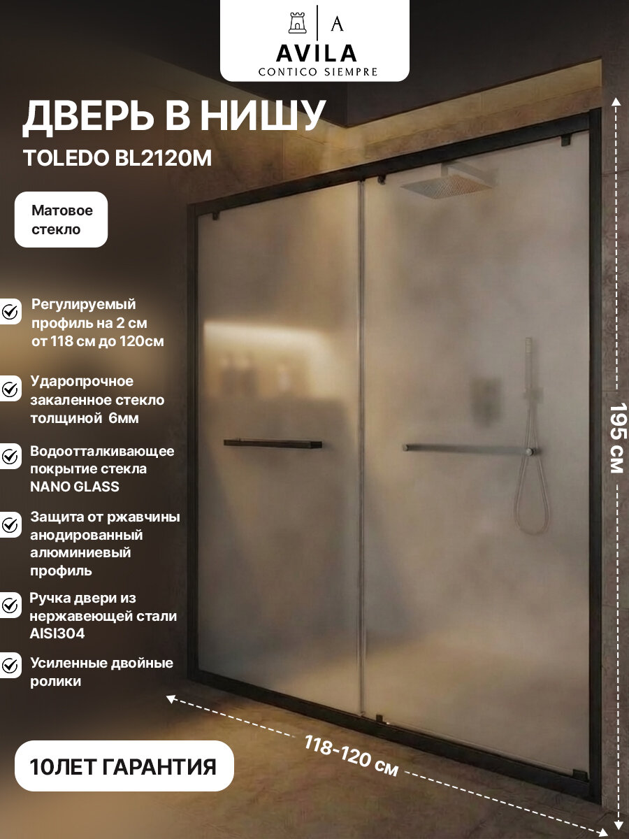 Дверь в нишу BL2120, профиль черный, стекло матовое(6мм), NANO GLASS