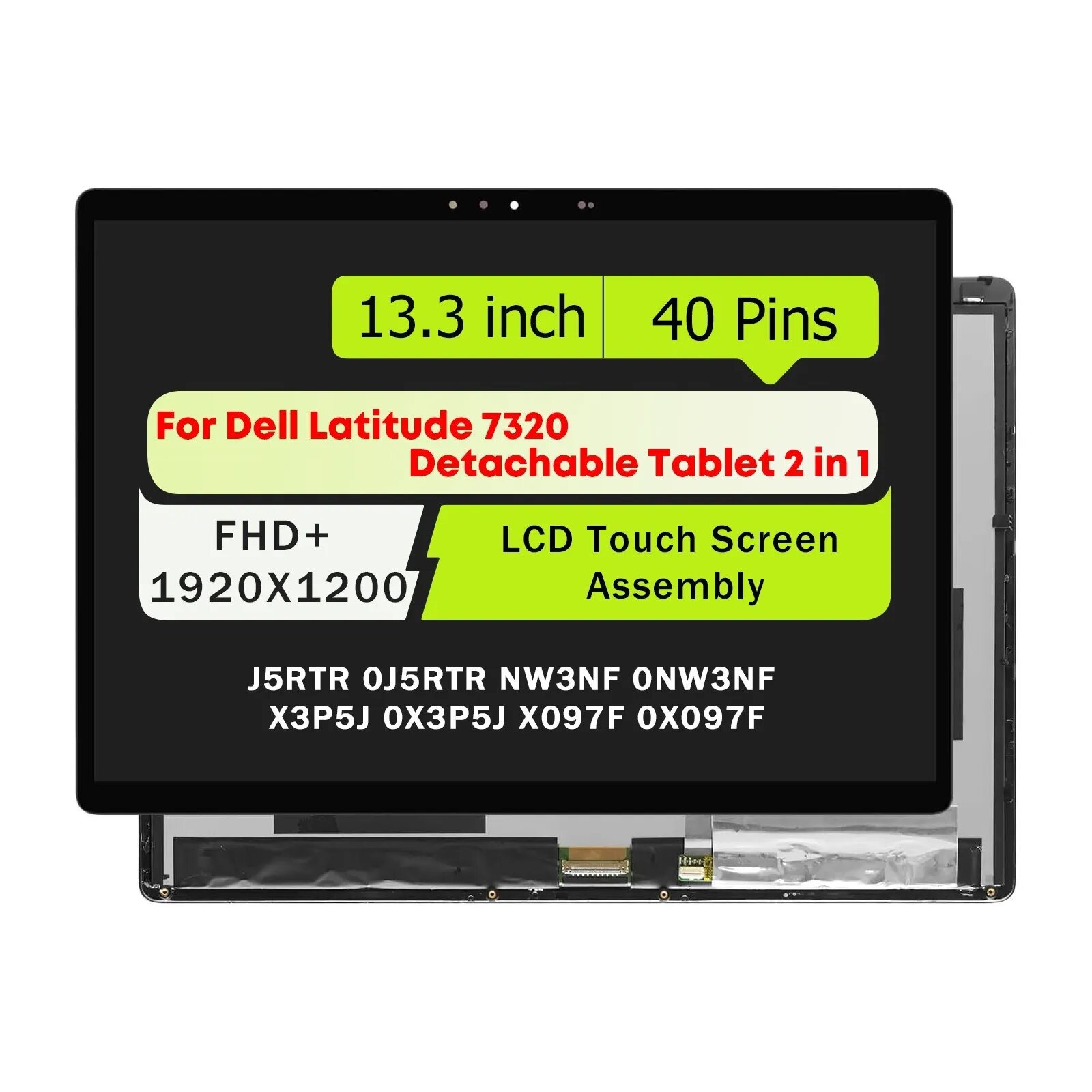 0J5RTR J5RTR для Dell Latitude 7320 Detachable Tablet, 13.3-дюймовый сенсорный ЖК-дисплей в сборе, 40 контактов, 1920X1200