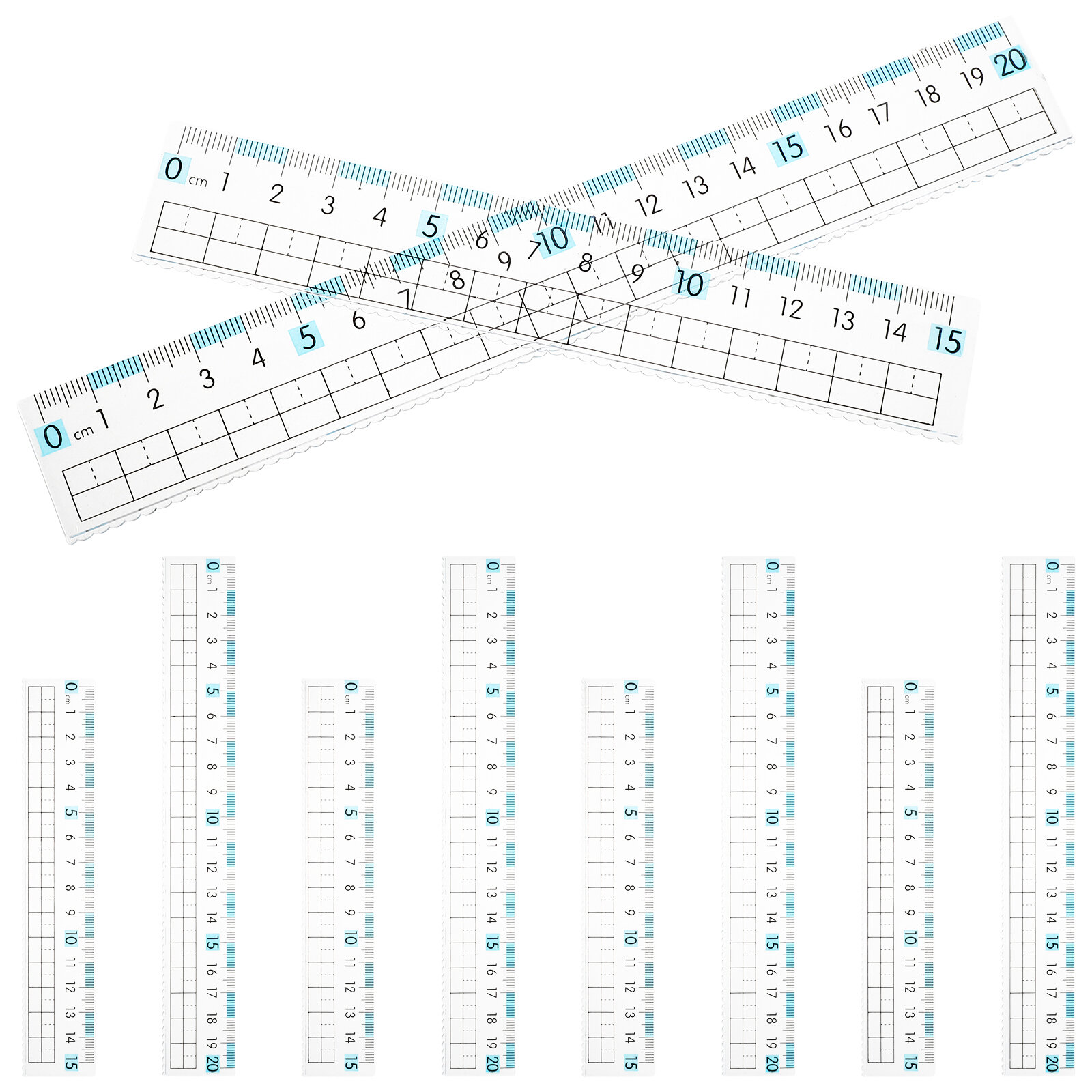 Десять прозрачных линеек длиной 15 см/20 см с волнистыми линиями для профилактики близорукости у учащихся (5 синих прозрачных линеек [по 5 линеек длиной 15 см и 20 см, всего 10 линеек]).