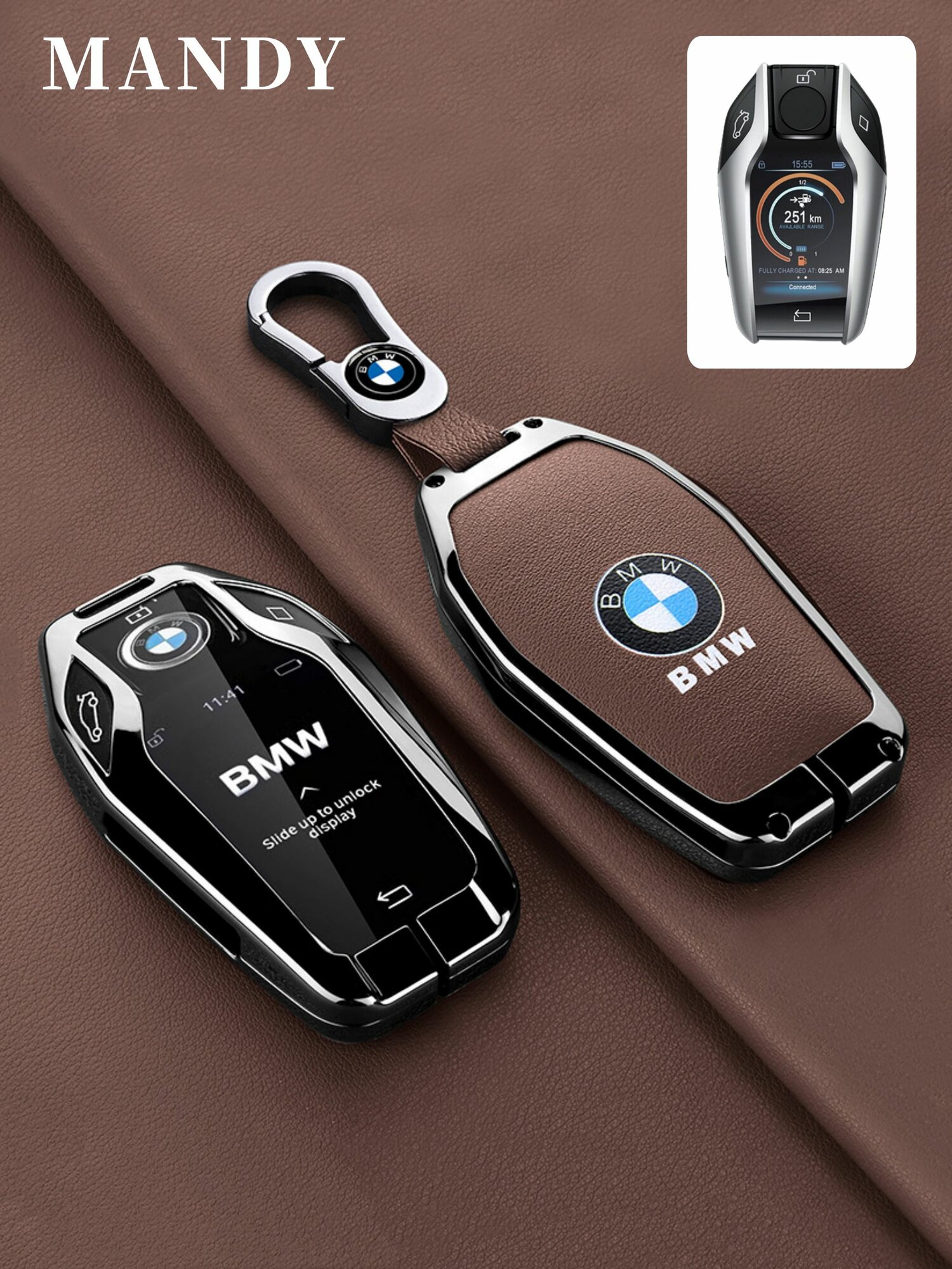 Чехол для ключа BMW с цветным дисплеем для серий 3 4 5 7 8 и моделей X3 X4 X5 X6 X7 — кожано-металлический, тонкий
