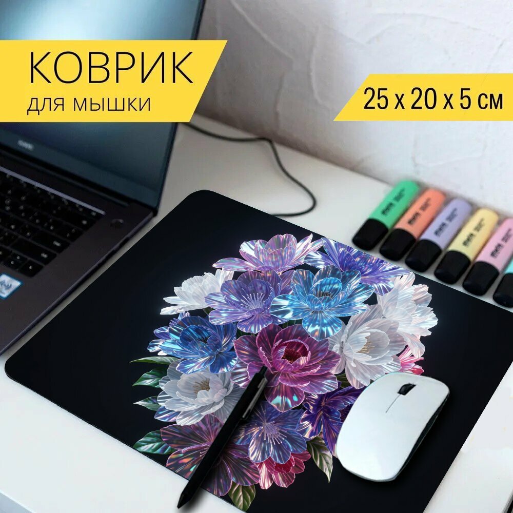 Коврик для мыши с принтом "Букет сияющих фантазийных цветов. Объемная композиция из глянцевых лепестков с иридисцентным переливом, в оттенках синего, фиолетового, розового." 25x20см.