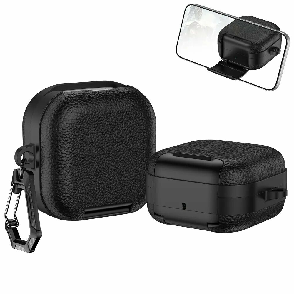 Чехол для Samsung Galaxy Buds 4 / Buds 4 Pro силиконовый с имитацией кожи и подставкой для телефона, Черный.
