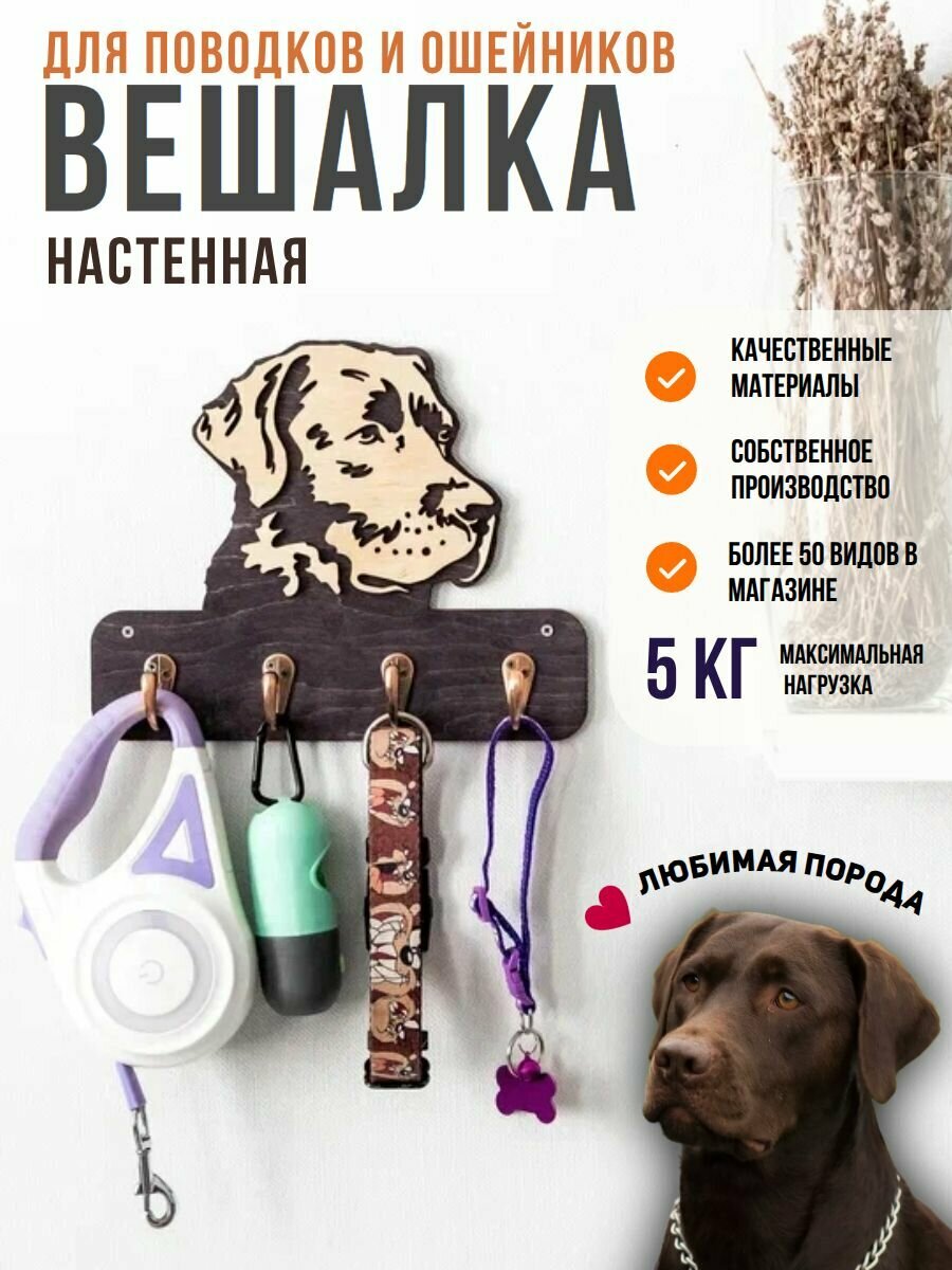 Вешалка настенная деревянная для поводков с собакой Лабрадор, 4 крючка