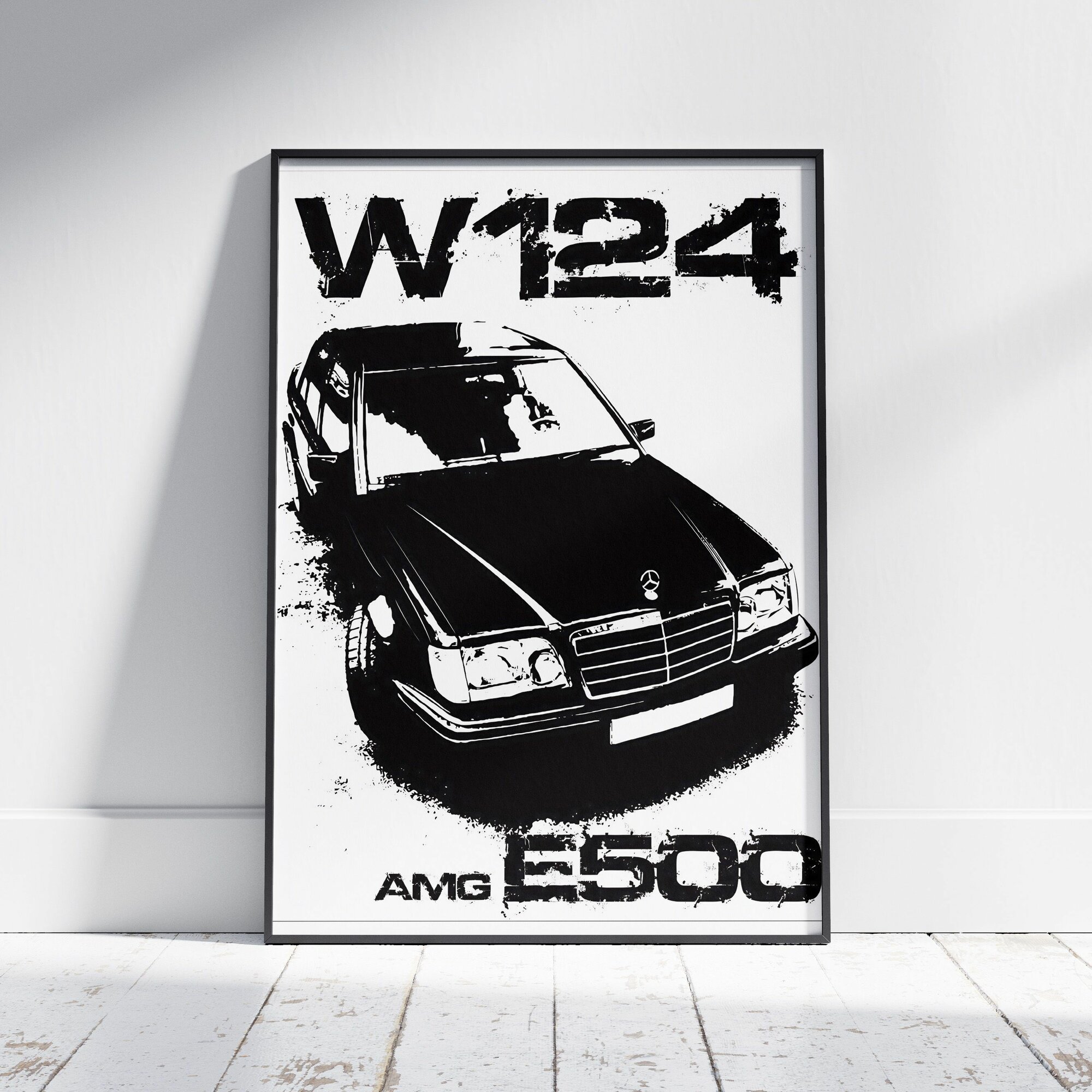 Плакат на стену для интерьера Культовые машины (Mercedes Benz W124 2) - Постер по легендарным и классическим ретро автомобилям формата А4 (21x30 см)