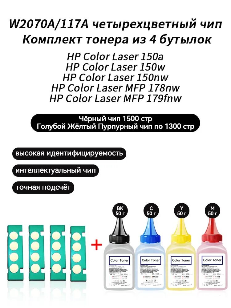 Тонер W2070A HP117A (набор) тонер 50г 4 шт + чип 4 шт для картриджей HP Color Laser 150a 150w 150nw MFP 178nw 179fnw, совместимый, Набор CMYK, 4 шт