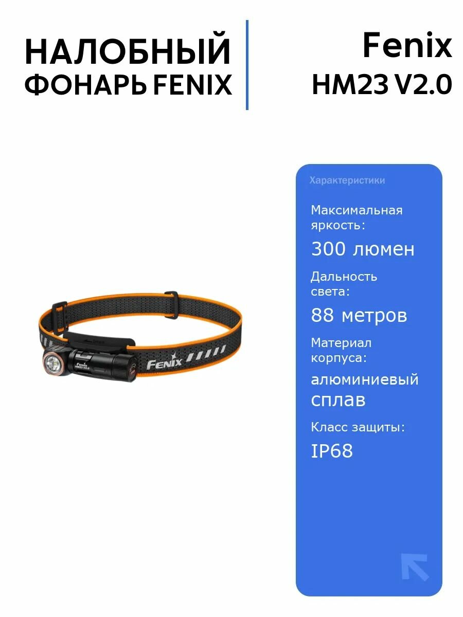Налобный фонарь Fenix HM23 V2.0, 300 люмен, легкий и многофункциональный фонарь для активного отдыха, с режимами белого и