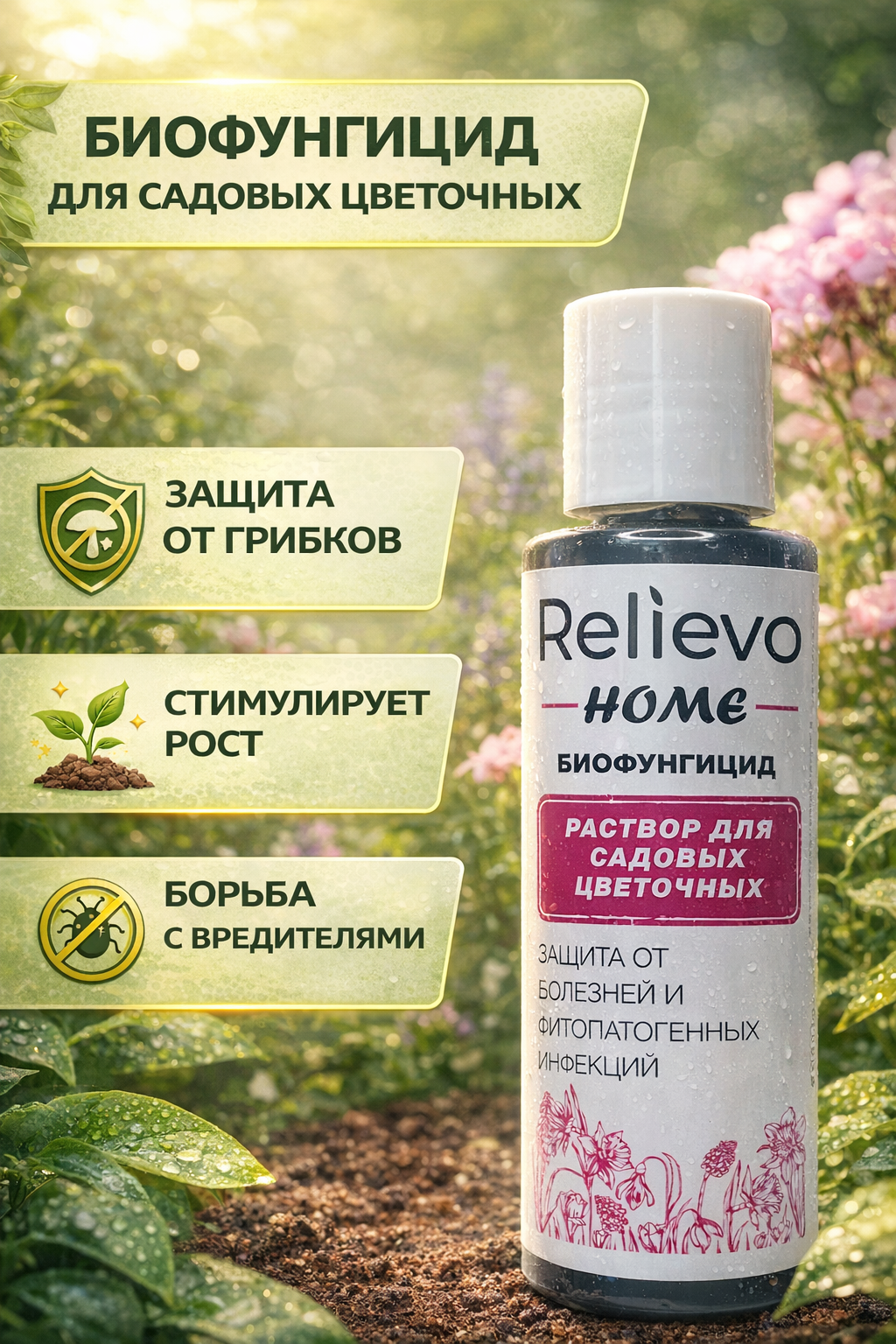 Биофунгицид Relievo, защита садовых цветов, от болезней и вирусов