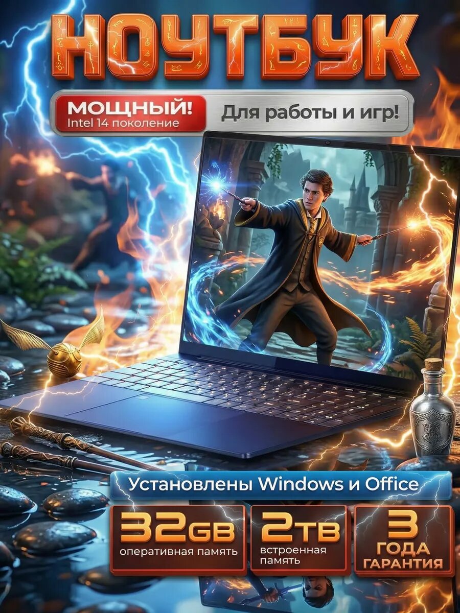 Ноутбук игровой 2026 Intel H-series, RAM 32GB, SSD 2048GB, IPS + Windows, Office