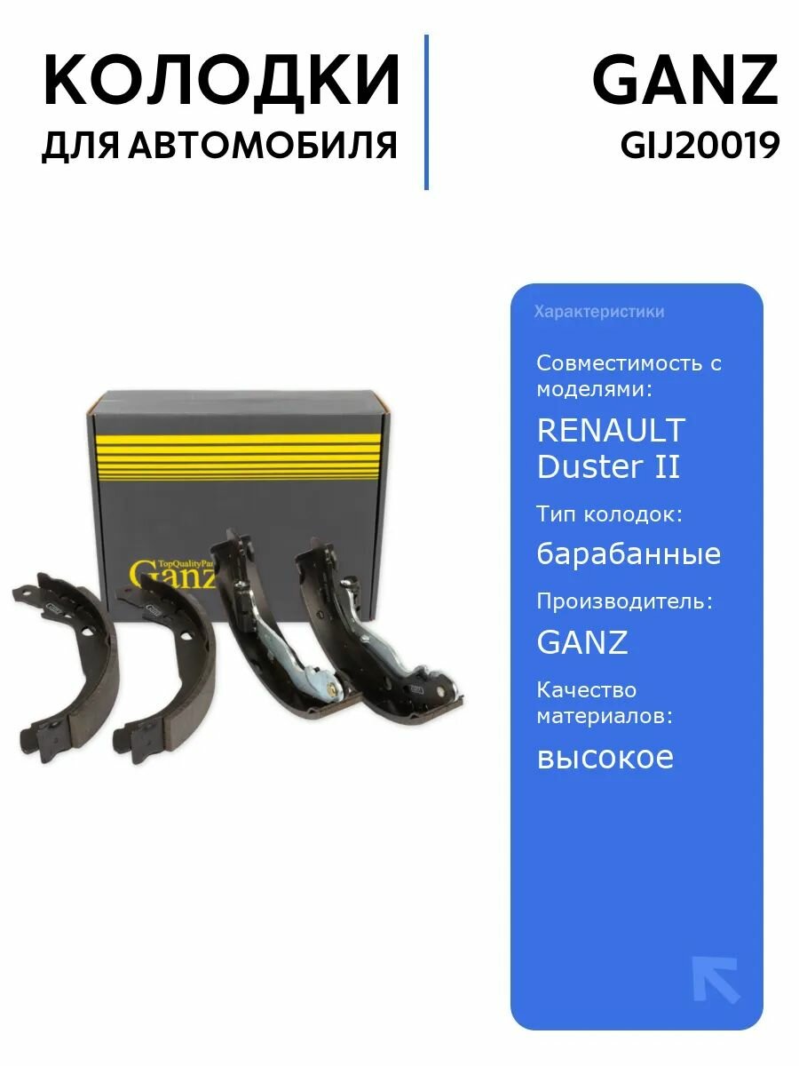 Колодки барабанные GANZ GIJ20019 для RENAULT Duster II и Arkana, надежные, долговечные, высокое качество торможения