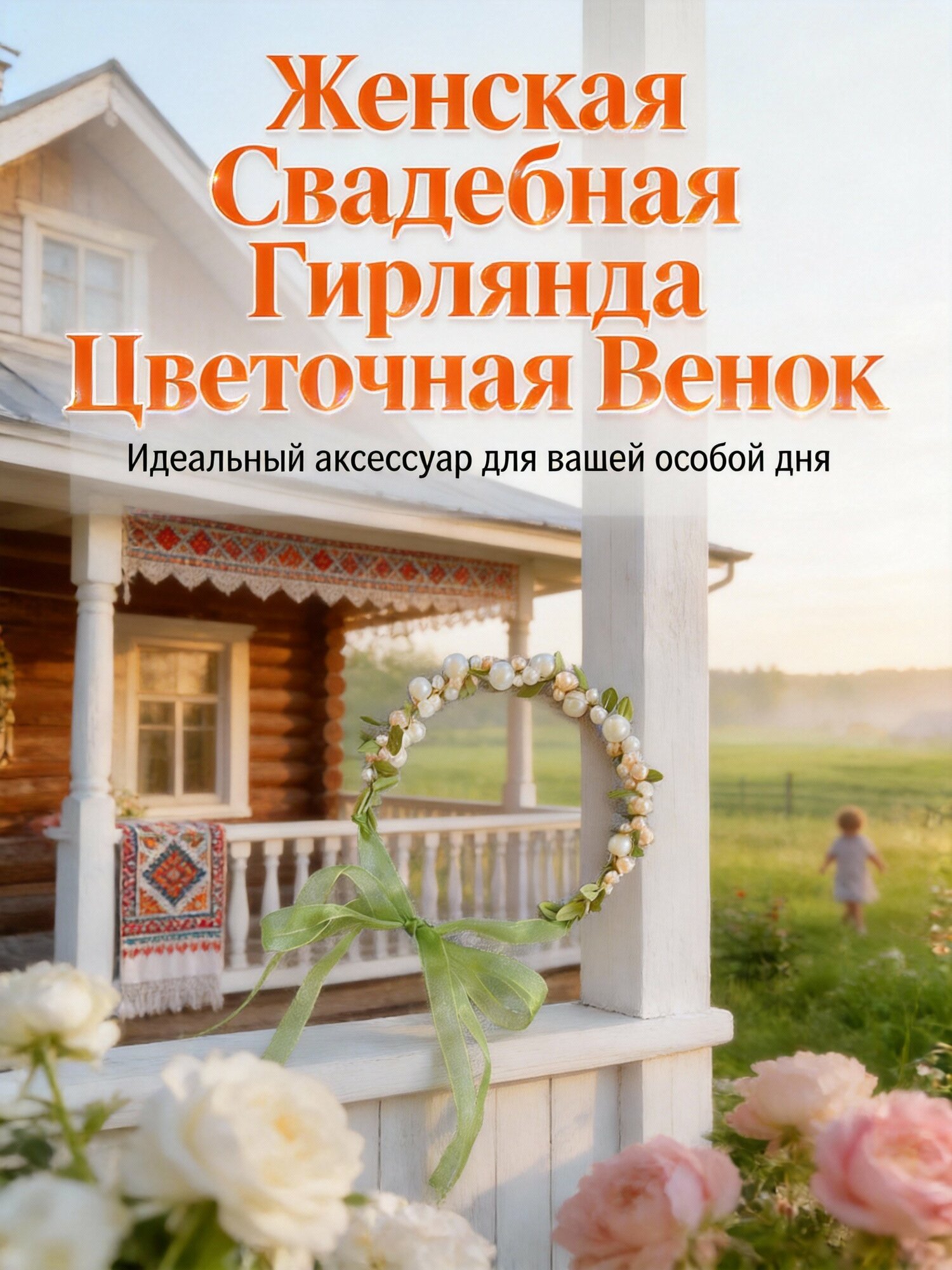 Цветочный венок для невесты и праздников, повязка на голову с жемчугом и лентой, периметр 52-56 см
