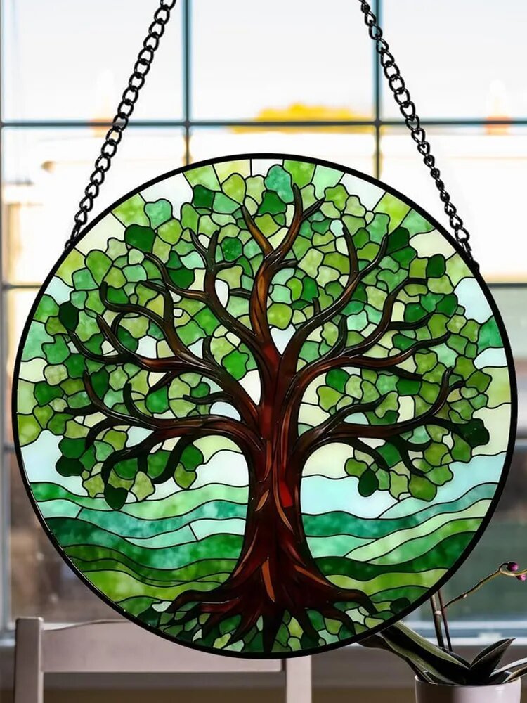 Витражный ловец солнца Древо жизни 15 см, зеленый витраж