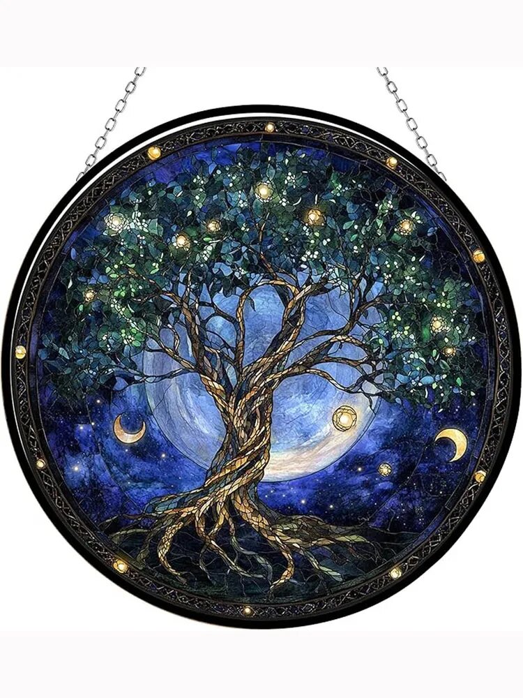 Витражный ловец солнца мистическое дерево жизни 15 см для окна, стеклянная панель