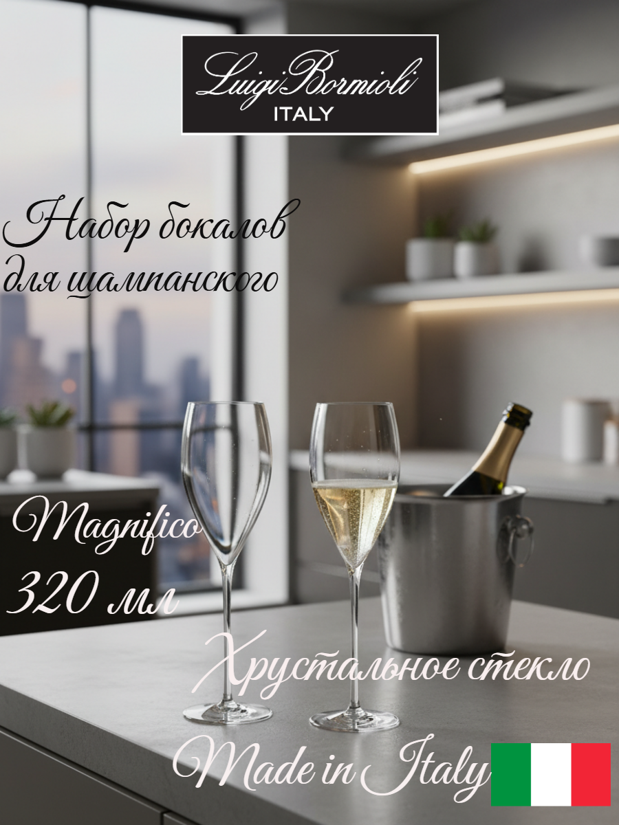 Набор бокалов для шампанского 2шт, LUIGI BORMIOLI Magnifico, хрустальное стекло, 320 мл, Италия