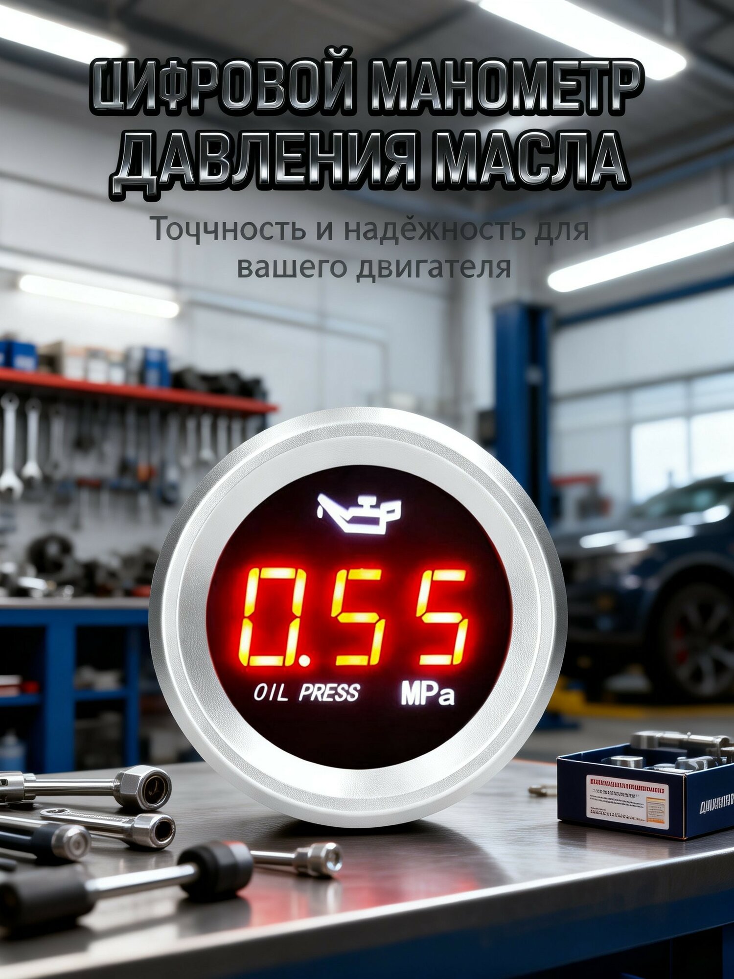 Цифровой манометр давления масла 0-1,00 МПа, с мигающей сигнализацией и большим светодиодным экраном для авто и мото 9-35 В