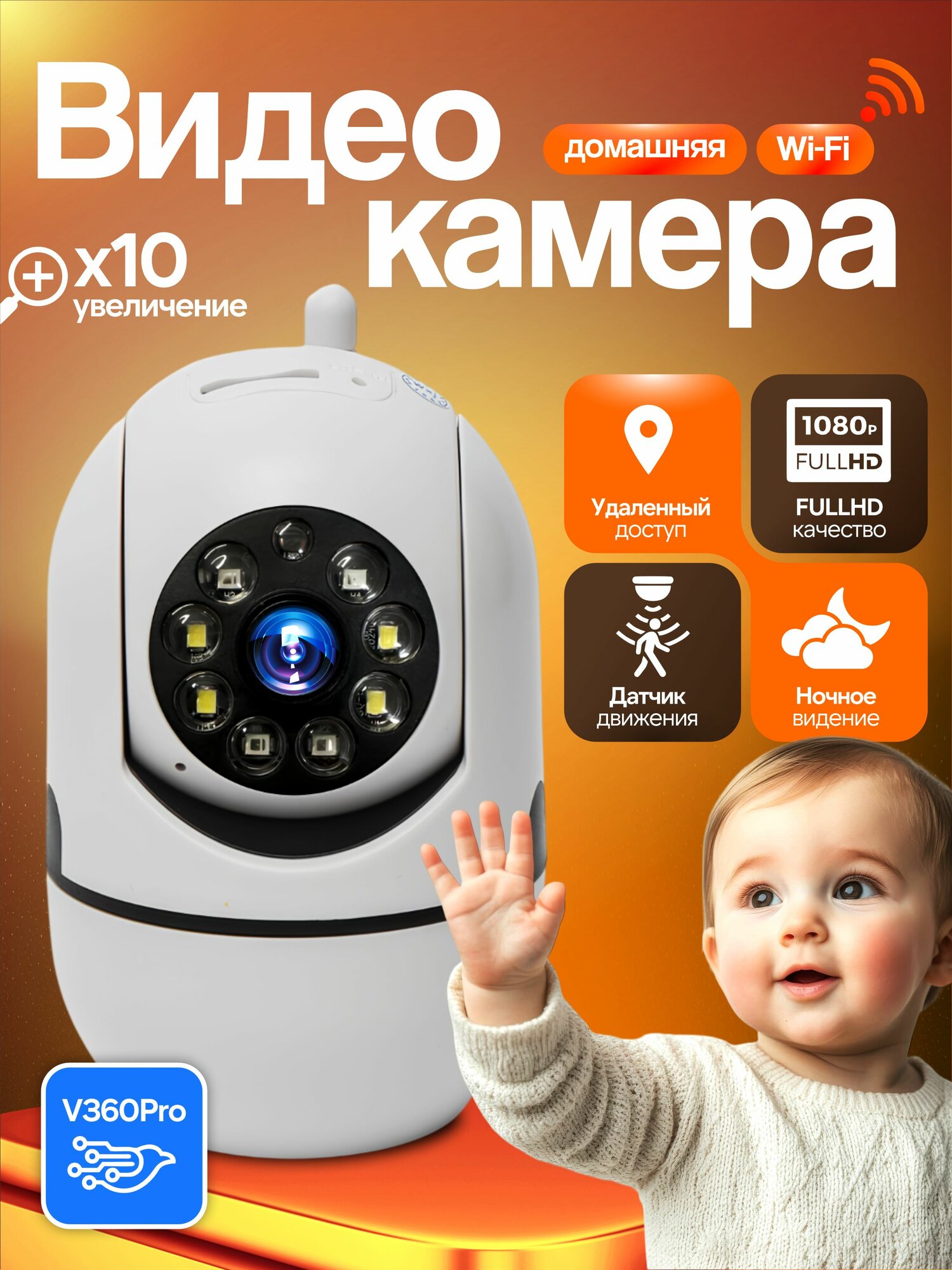Видеоняня беспроводная, камера видеонаблюдения WiFi для дома и квартиры 1920х1080. IP камера 360 беспородная.