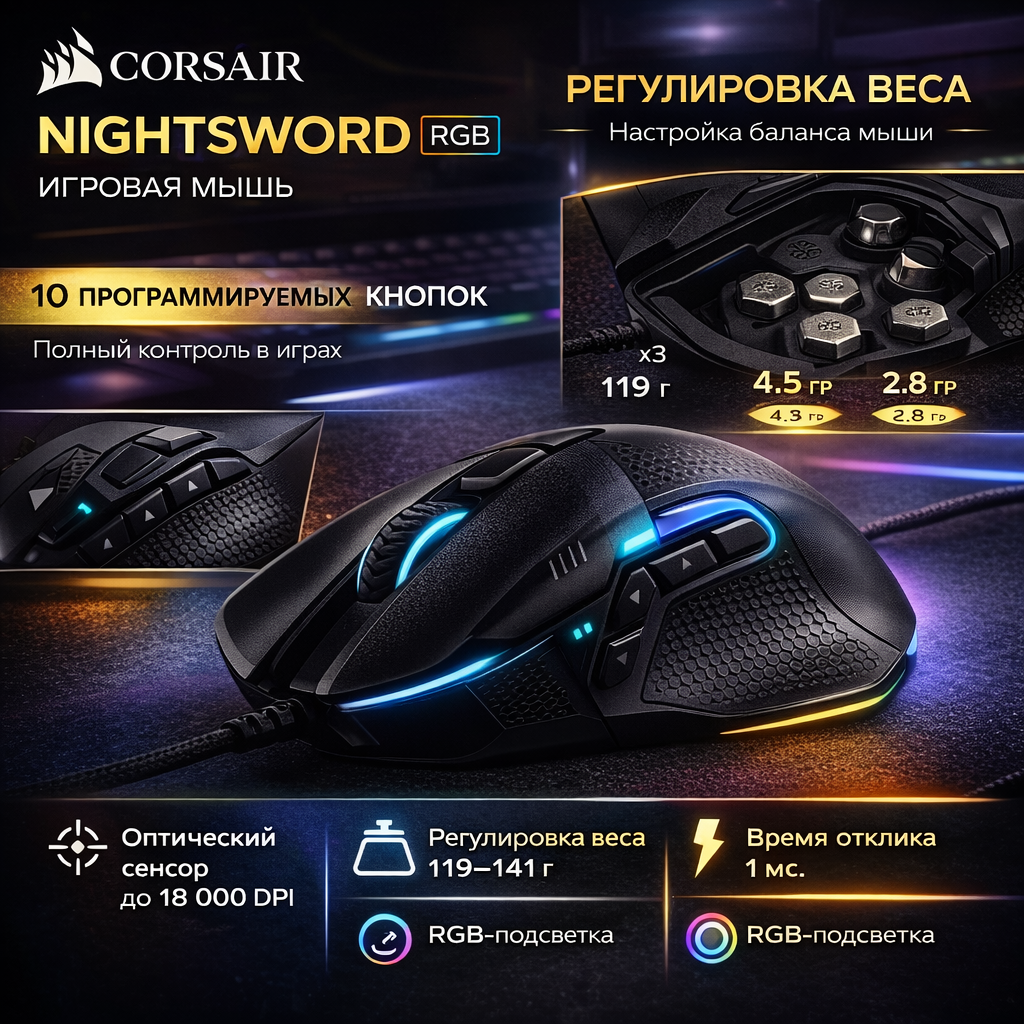 Игровая мышь Corsair "Dark Core RGB", с подсветкой, проводная, с регулировкой веса