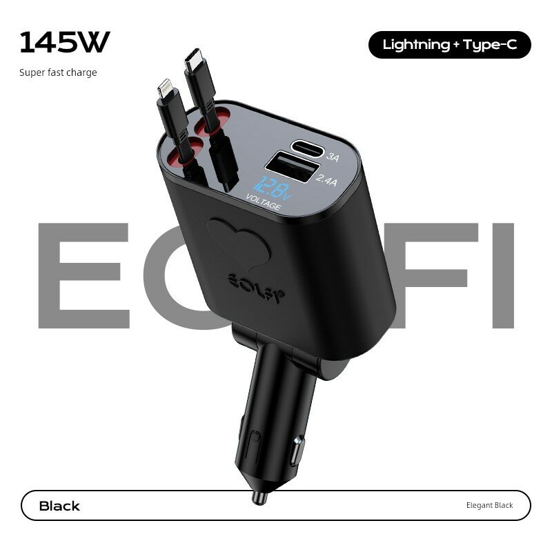 Автозарядное устройство Buick с кабелем 1,2 м, портами Lightning и USB-C, зарядкой 145 Вт - черный