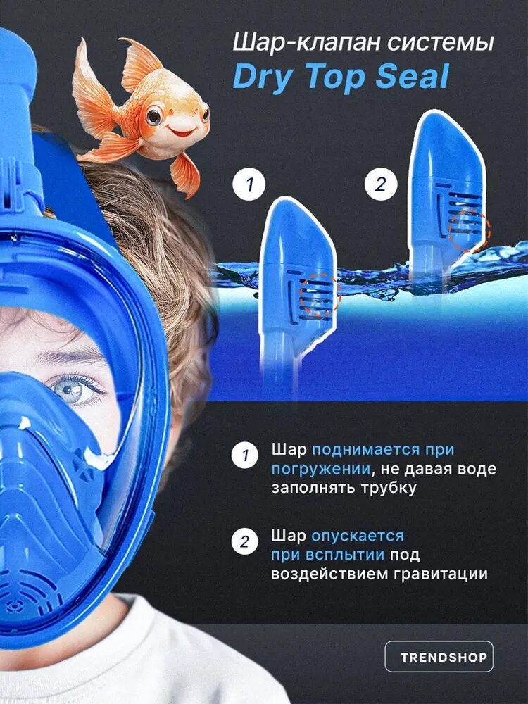 Маска для плавания детская для снорклинга, размер XS, синяя, обзор 180°, Anti-fog, свободное дыхание — фото 1