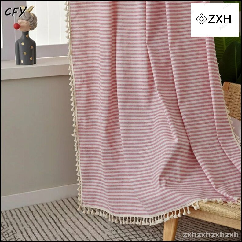 Шторы CFY Home розовая полоска из хлопка и льна TAPE FOR HOOKS, Розовый, W150 cm X H215 cm, 2