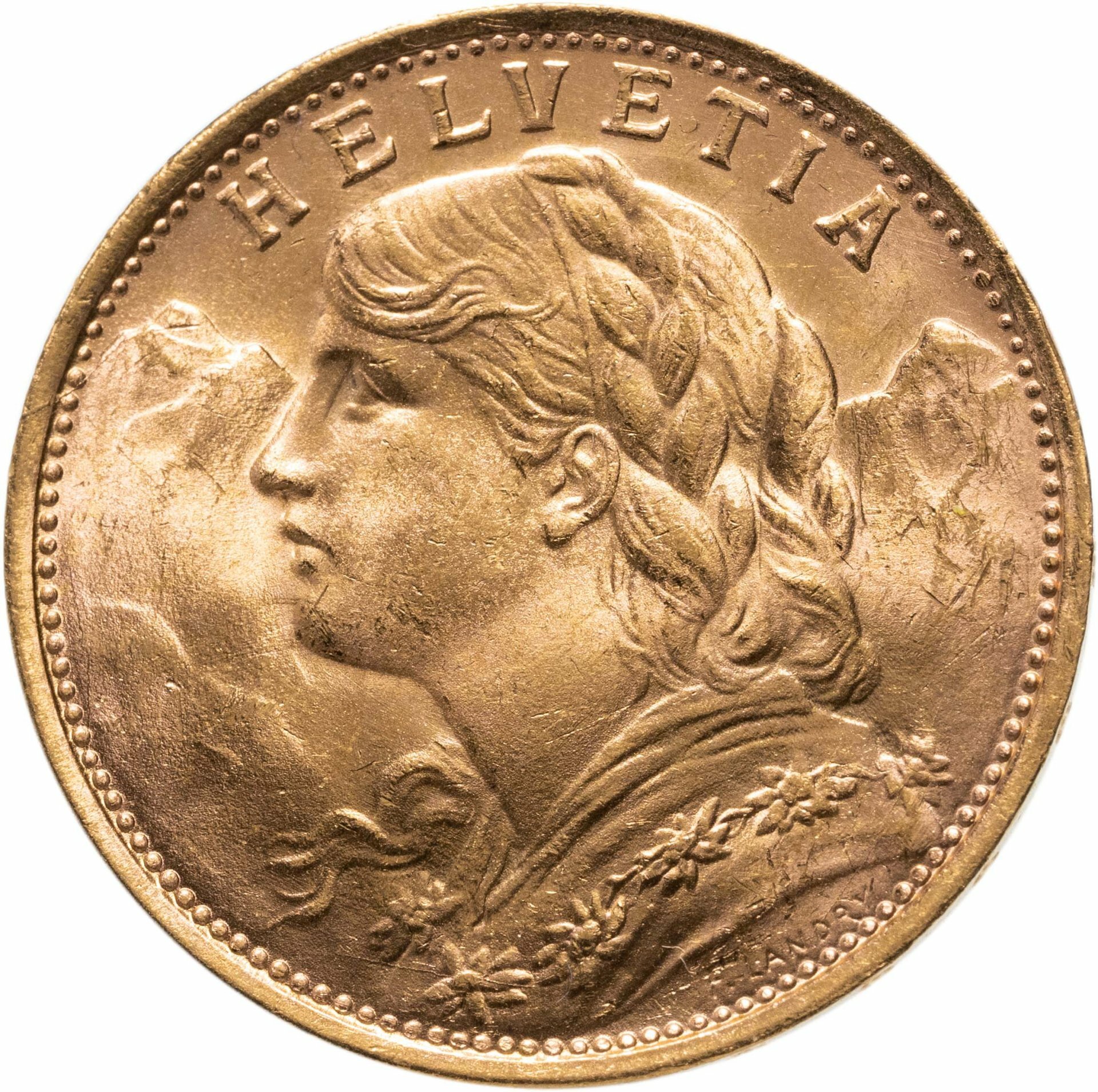 Швейцария 20 франков francs 1935 - Отметка "L" слева от года, Золото 900, в сохранности UNC