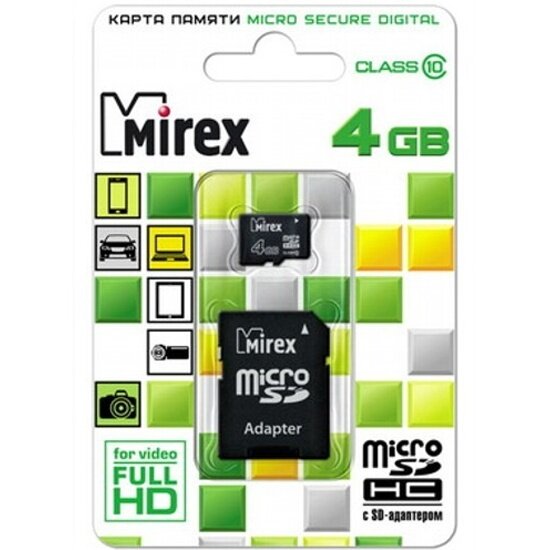 Карта памяти Mirex 4GB microSDHC Class 10 + ADP (13613-AD10SD04)