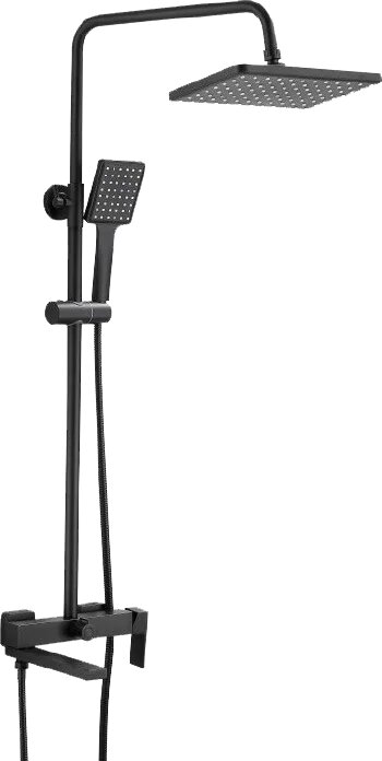 Душевая стойка BELZ B24613-7 со смесителем, черная, матовая, душевая система с тропическим душем, с изливом, с девиатором, с лейкой, латунная, рычаг сбоку