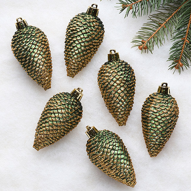 Елочная игрушка Шишка Альто - Зеленый Бархат 8 см, 6 шт, пластик, Winter Deco, 028608