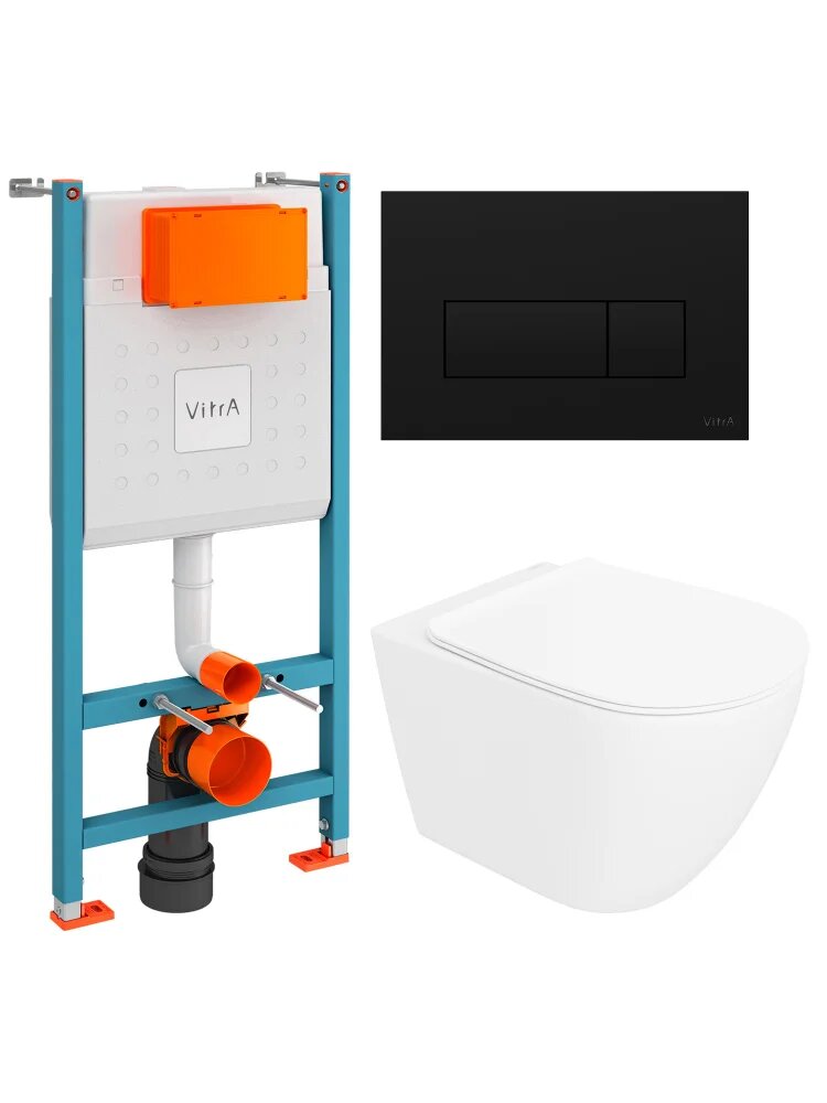 Комплект 4 в 1: Инсталляция VitrA Ви-Фикс Кор (V-Fix Core) 732-5800-01 / Унитаз подвесной STWORKI Готланд S13401WH безободковый, с микролифтом / Кнопка Рут Скуэр (Root Square) 740-2311, матовая черная, Комплект креплений