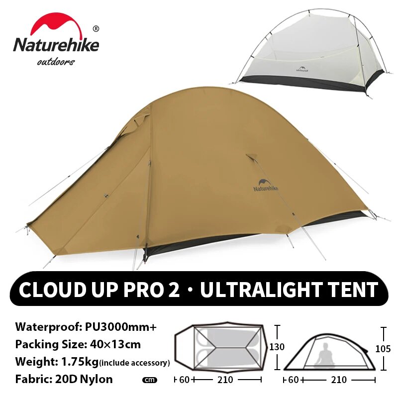 Палатка Naturehike Cloud Up для 1-3 человек ультralегкая водонепроницаемая для туризма и походов, Cloud2 Pro Amber