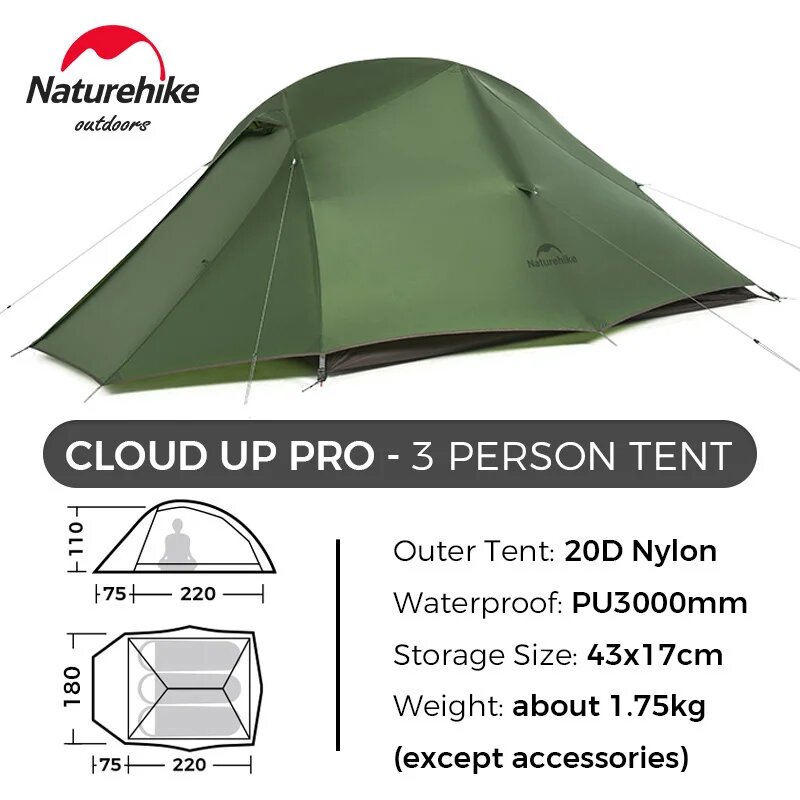 Палатка Naturehike Cloud Up Pro ультralегкая для 1-2 человек 20D, водонепроницаемая, для туризма, походов, велосипедных поездок, рыбалки -3P - Зеленая - 20D