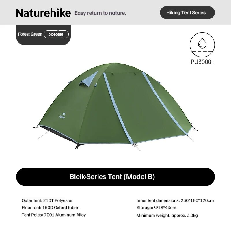 Портативный туристический tent Naturehike Bleik 210T с двойным козырьком и двойным слоем, водонепроницаемый, для циклинга, на 2-3 человека, для походов - B-Green-3 Person