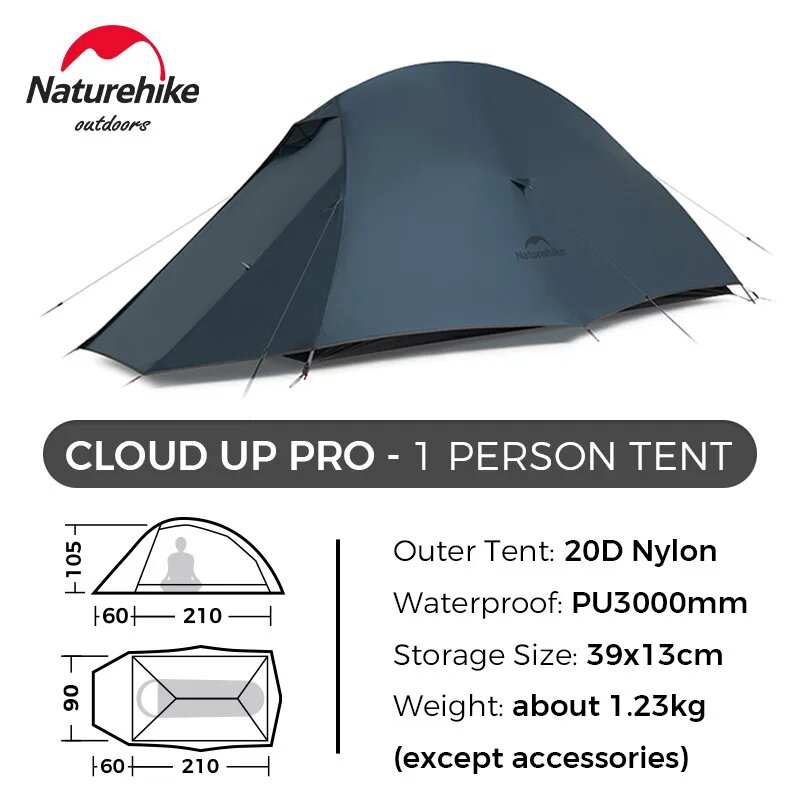 Палатка Naturehike Cloud Up Pro ультралегкая для 1-2 человек 20D, водонепроницаемая, для туризма, походов, велосипедных поездок, рыбалки - 1P - Синий - 20D