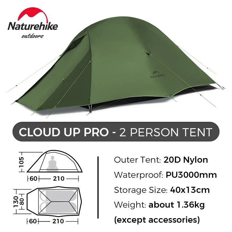 Палатка Naturehike Cloud Up Pro ультralегкая для 1-2 человек 20D, водонепроницаемая, для туризма, походов, велосипедных поездок, рыбалки - 2P - Зеленая - 20D