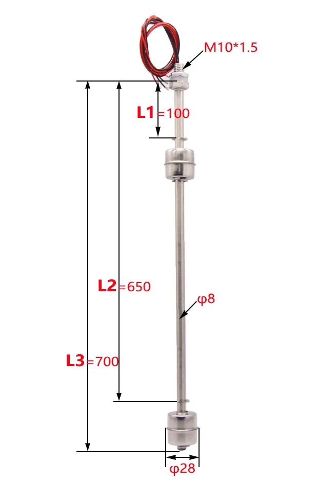 Датчик уровня плавающий, L1=100, L2=650, L3=700, Ø8, Ø28, M10*1