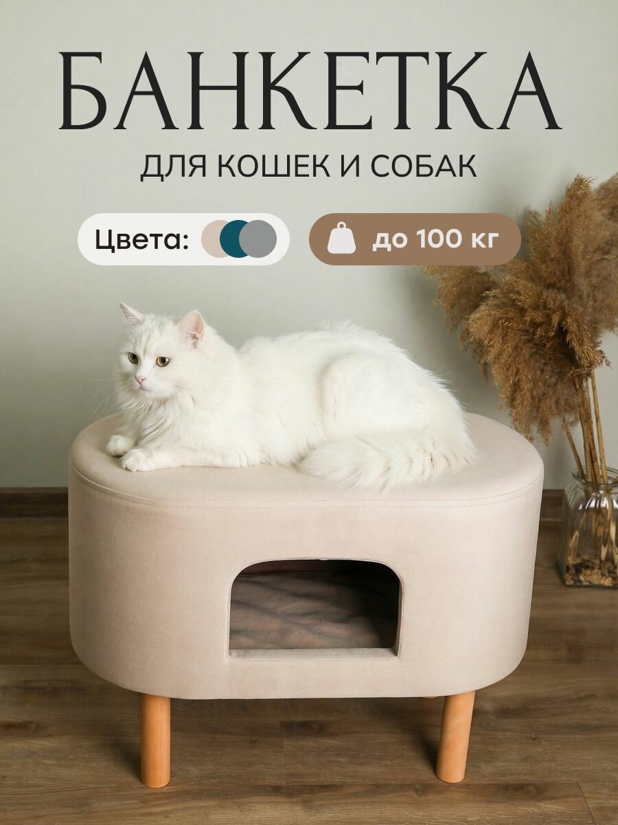Домик-пуф для кошек и маленьких собак, домик для животных, бежевый велюр, на высоких ножках, 60*33*40 см