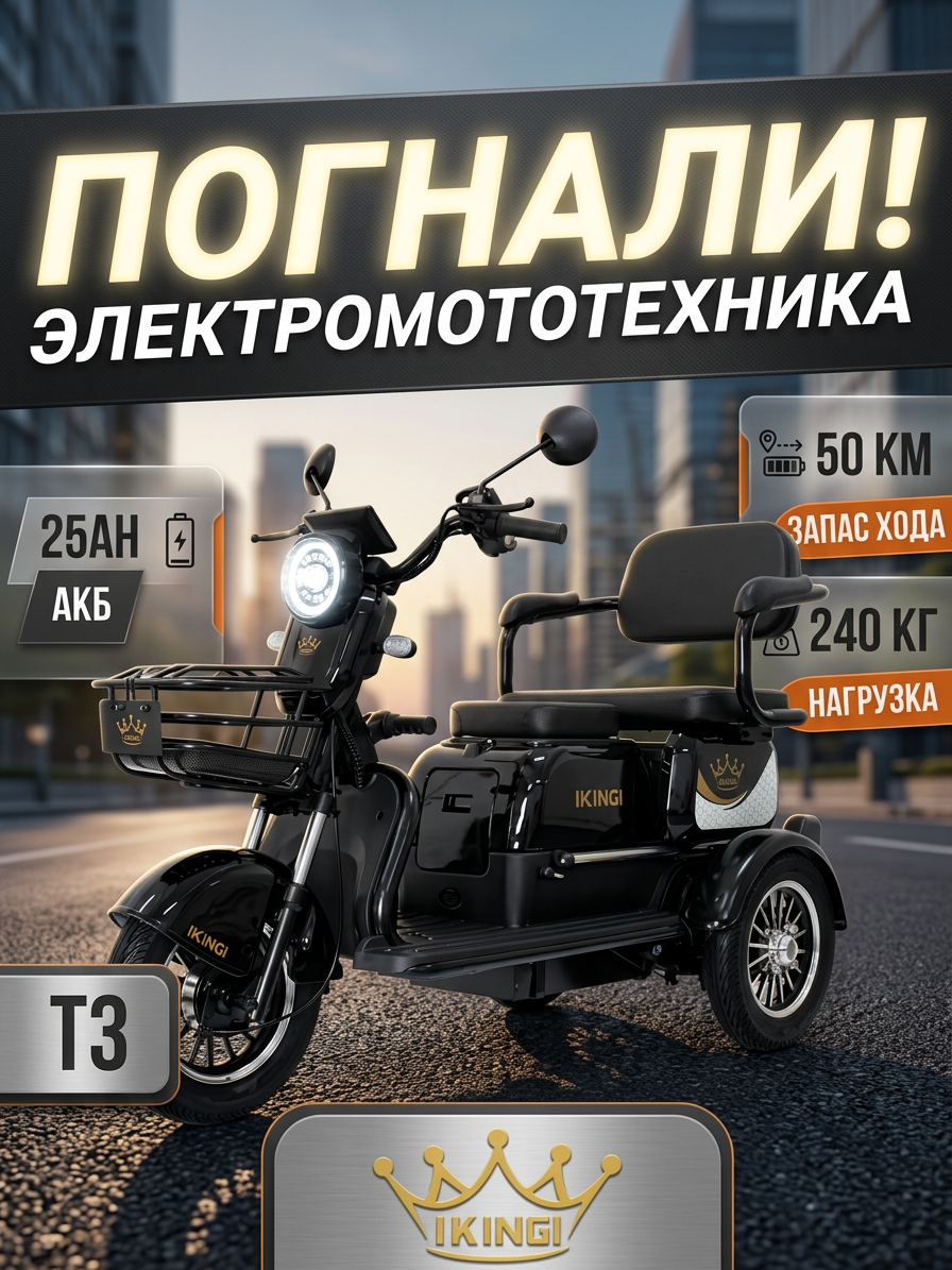 Грузовой трицикл IKINGI Sibtrike T3, 60V/25Ah, 1000w, макс. нагрузка 240кг, 40км/ч, до 50 км пробега!