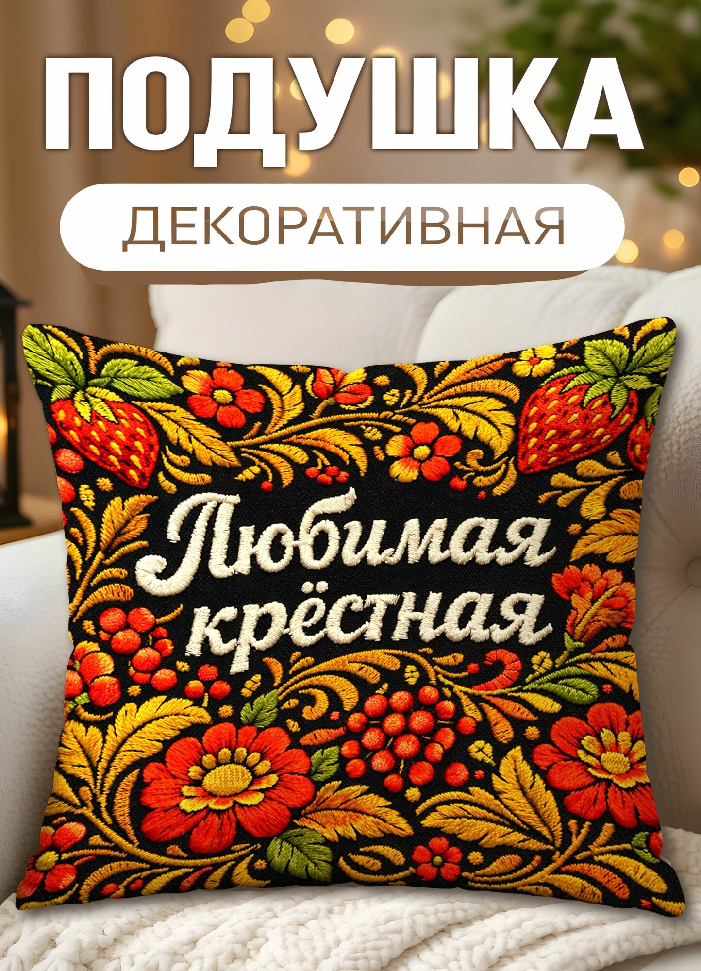 Подушка декоративная с принтом Хохлома любимая крёстная, размеры 40 х 40 см, 1 шт.