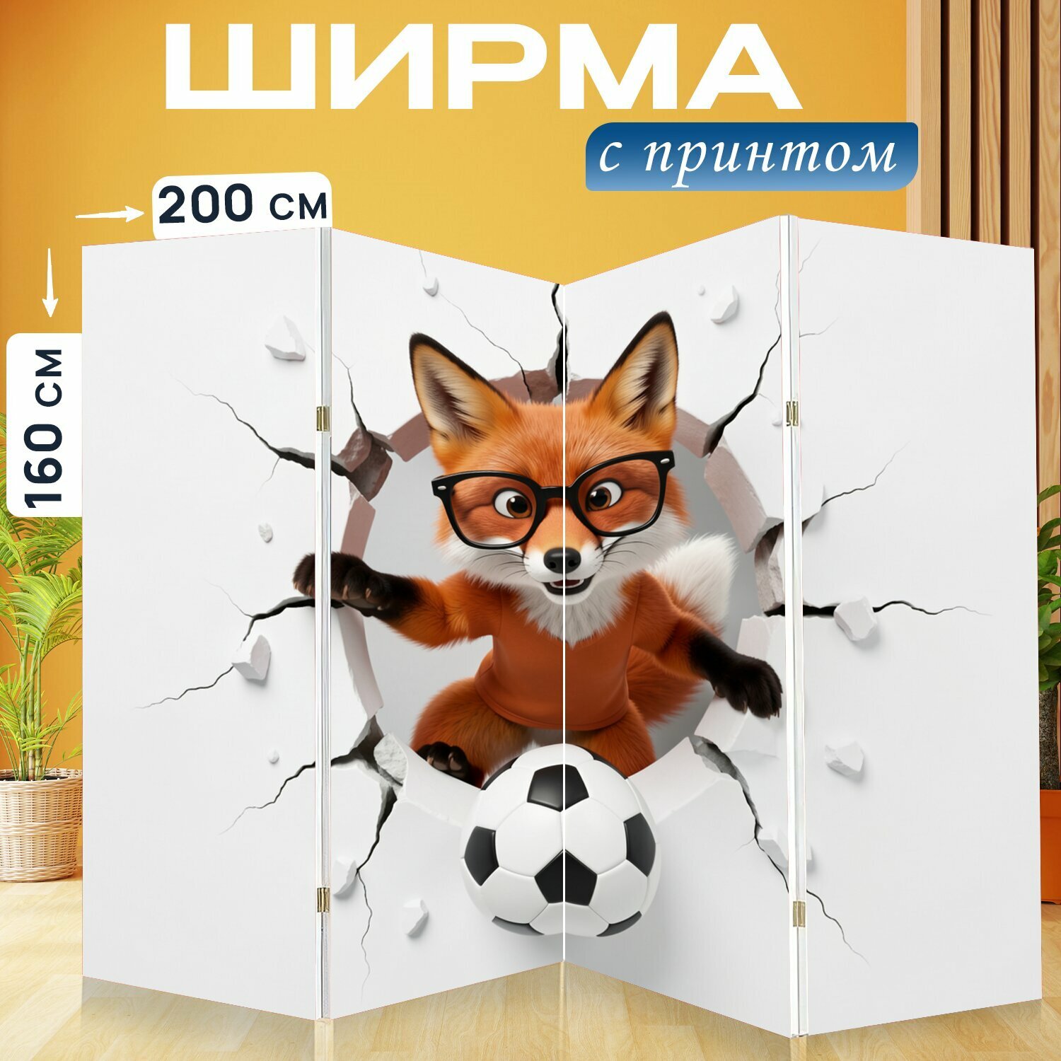 Ширма "Лисёнок в очках с мячом. 3D иллюстрация рыжего хитрого зверька в чёрной оправе, прорывающегося сквозь." перегородка для зонирования комнаты с принтом 200x160 см. на холсте