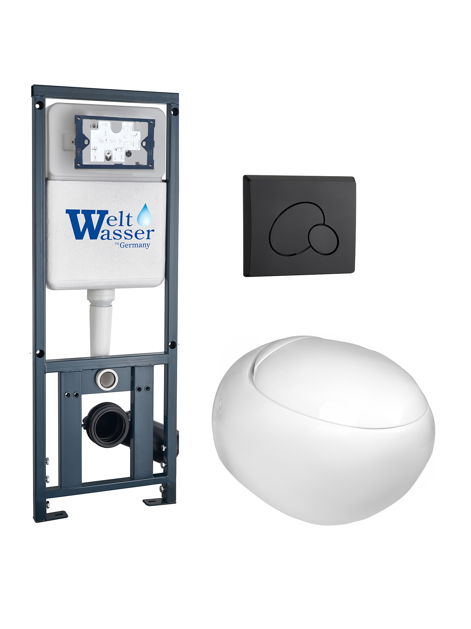 Комплект 3 в 1 Унитаз подвесной WeltWasser JECKENBACH 004 GL-WT безободковый+Инсталляция MARBERG 410 с кнопкой MAR 410 RD MT-BL черная матовая