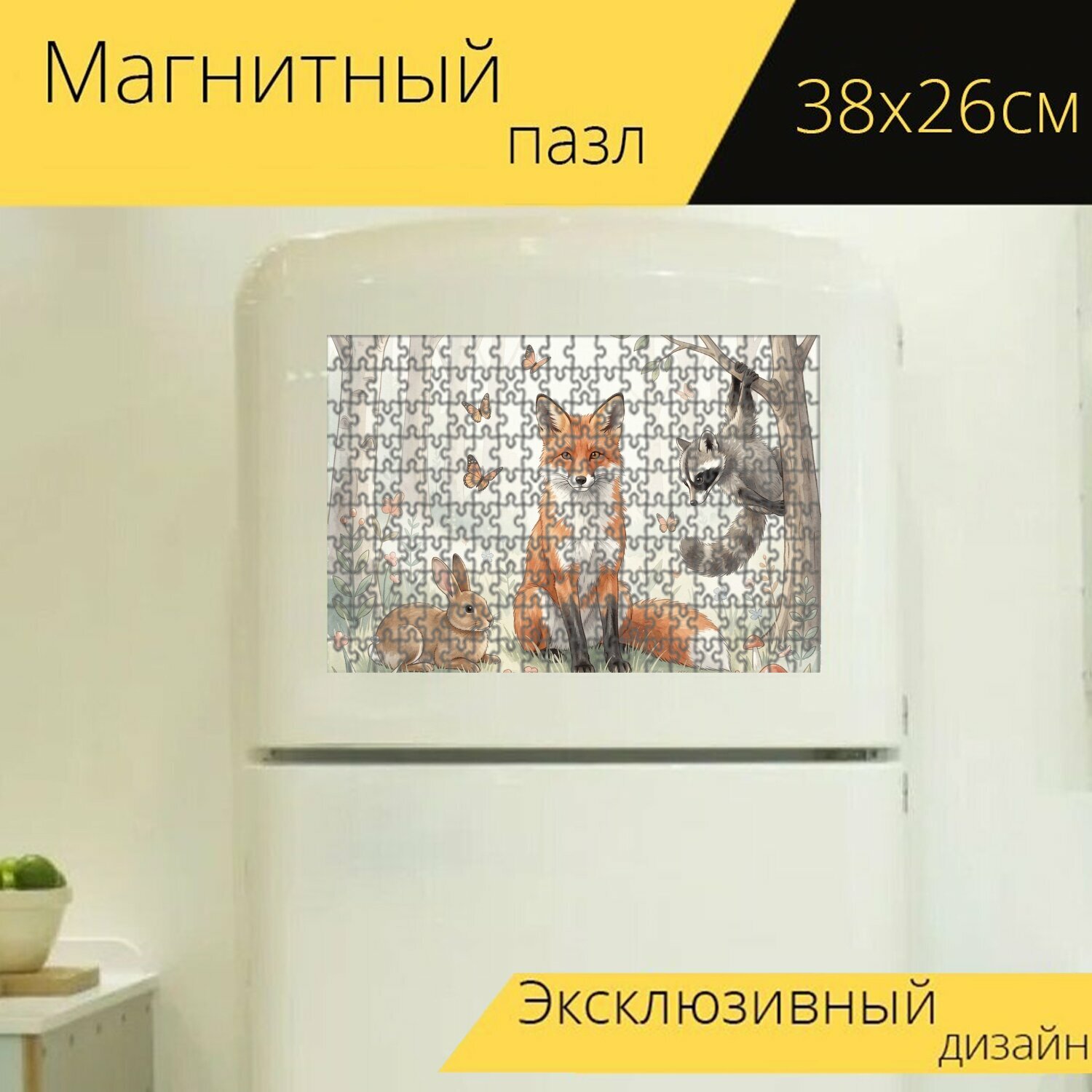 Магнитный пазл "Лесные животные среди цветов. Нежная акварельная сцена в светлом лесу: рыжая лисица, енот и кролик среди полевых цветов, бабочек и грибов." для интерьера, 38х26 см.