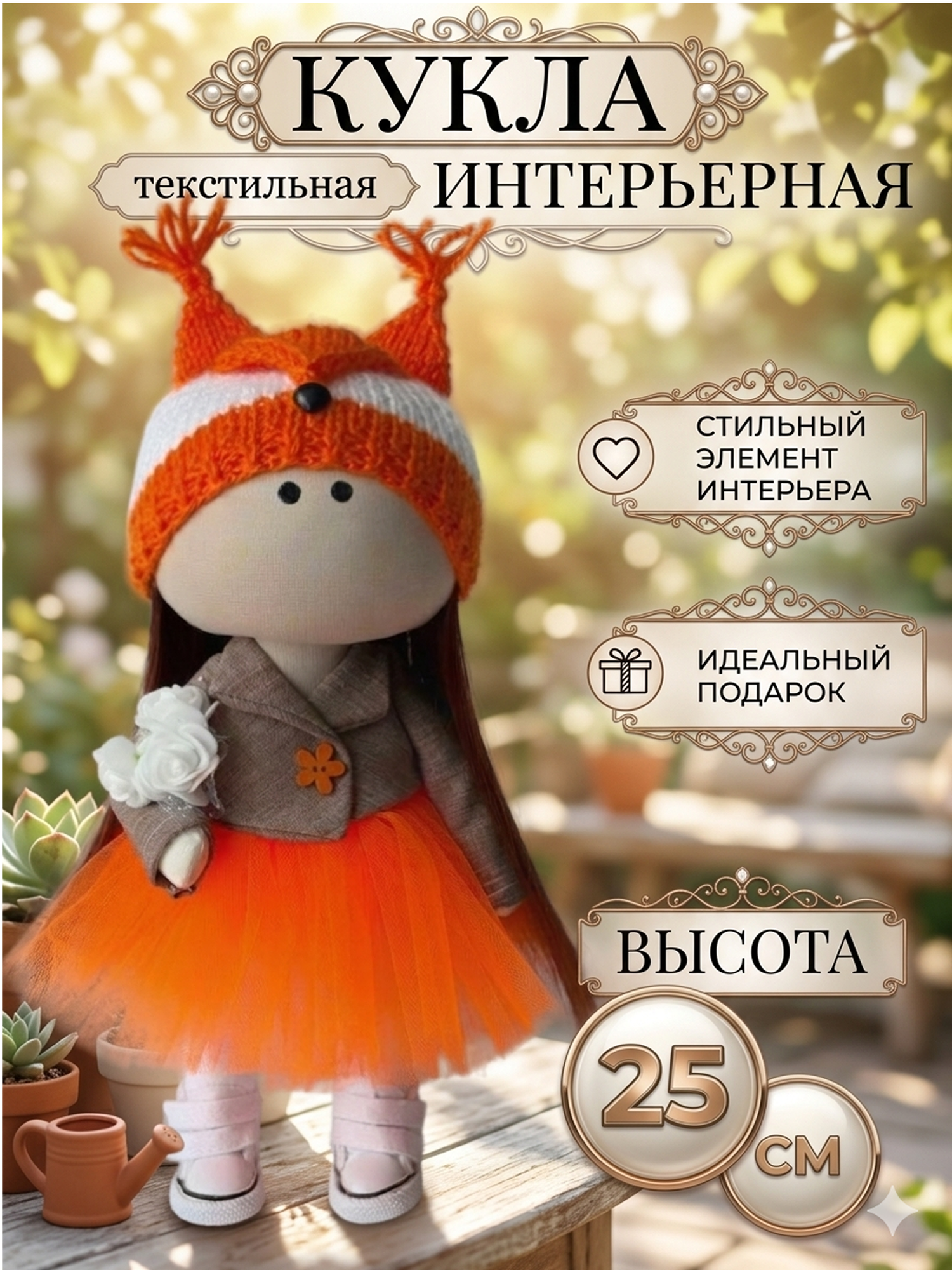 Кукла интерьерная, текстильная игрушка ручной работы с аксессуаром, высота 26 см
