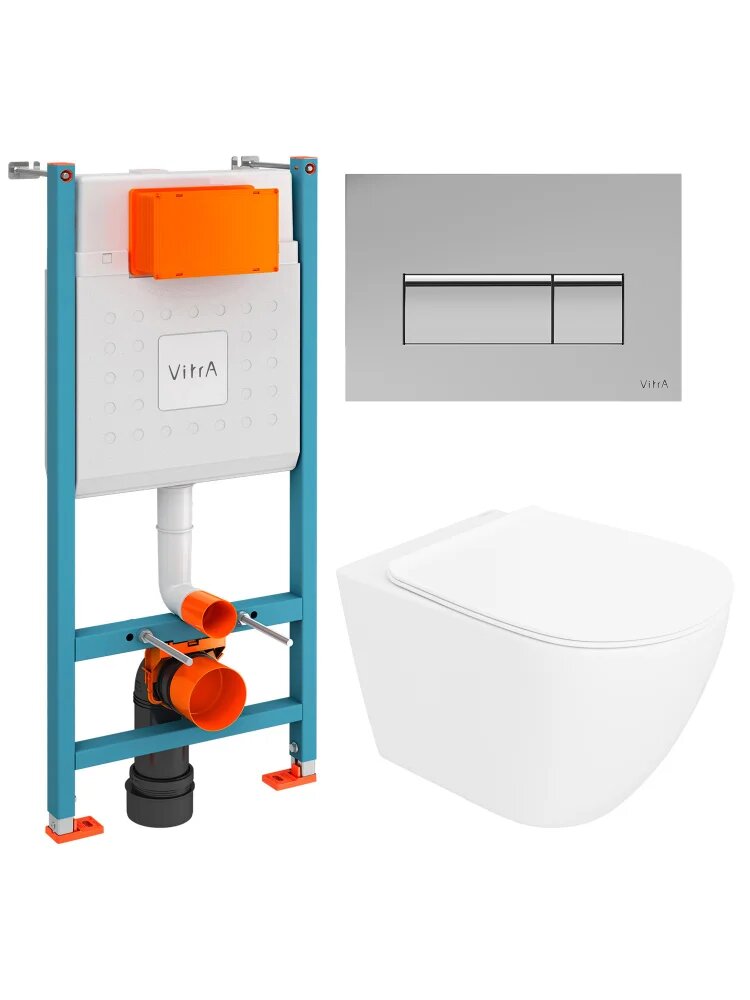 Комплект 4 в 1: Инсталляция VitrA Ви-Фикс Кор (V-Fix Core) 732-5800-01 / Унитаз подвесной STWORKI Готланд S13401WH безободковый, с микролифтом / Кнопка Рут Скуэр (Root Square) 740-2380, хром, Комплект креплений