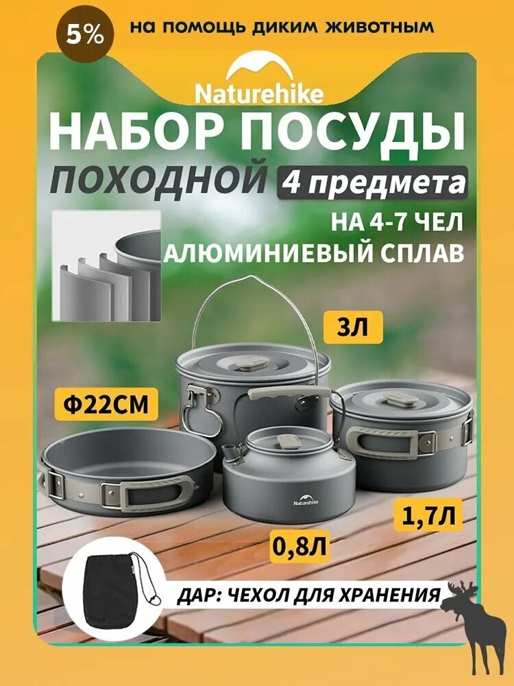 Набор походной посуды алюминиевый сплав 3003 Naturehike на 4-7 чел Котел 3л 1шт, Кастрюля 1,7л 1шт, Сковорода 22см 1шт, 1.7 Чайник 0,8л 1шт