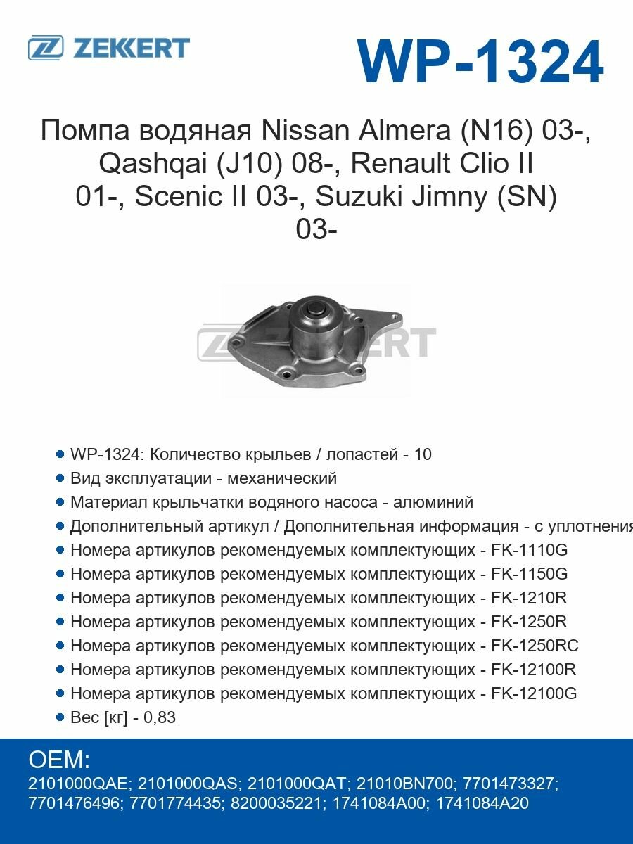 Zekkert Помпа водяная Nissan Almera (N16) 03-, Qashqai (J10) 08-, Renault Clio II 01-, Scenic II 03-, Suzuki Jimny (SN) 03-