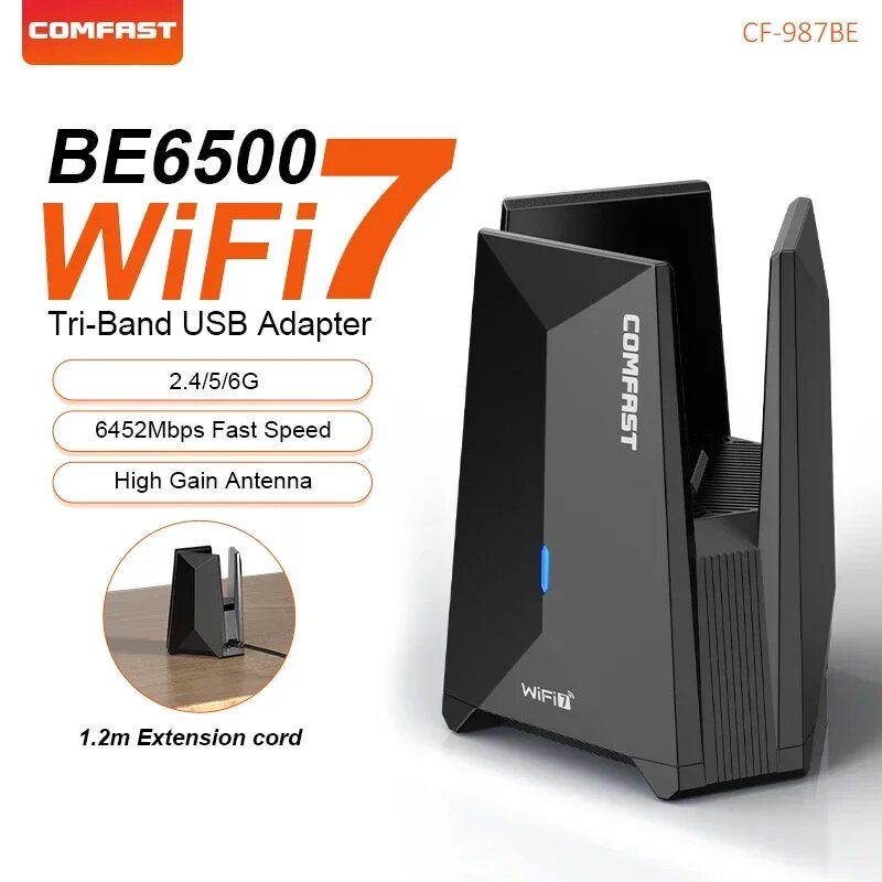 COMFAST USB WiFi 7 Адаптер Wi-Fi 6452 Мбит/с Сетевая карта USB3.0 Трехдиапазонный Wi-Fi-ключ 2,4G/5,8G/6G без драйверов для ПК Win10/11