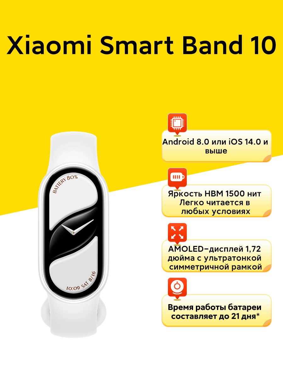 Фитнес-браслет Xiaomi Smart Band 10 EAC, White, 1,72"