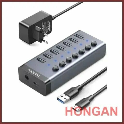 Хаб UGREEN CM481 USB-C to 7-Port USB-A 3.0 Hub DC 12V EU. Цвет: черный