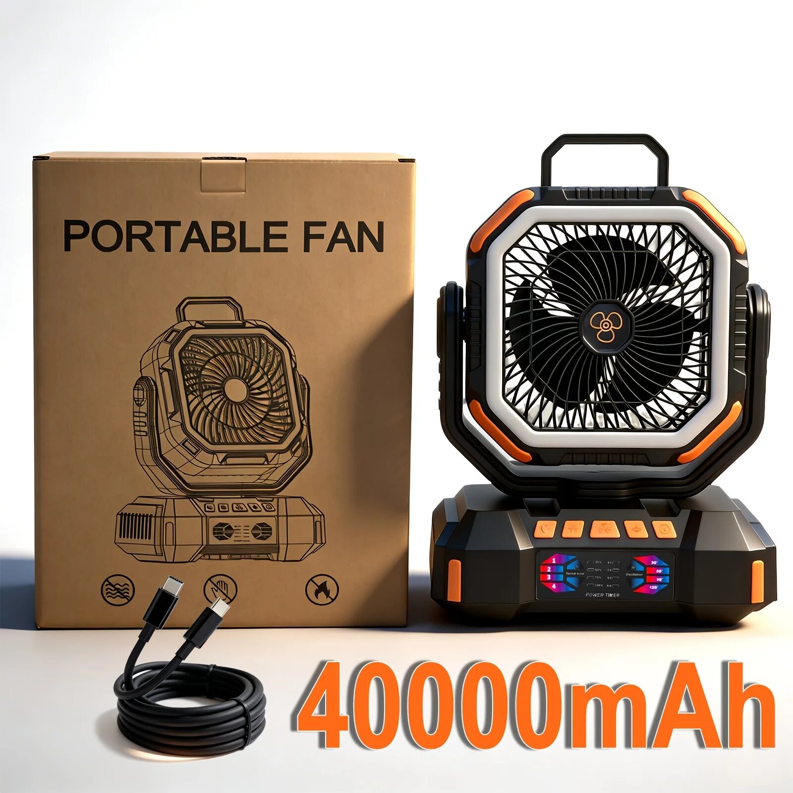 Gobortone 40000mAh портативный вентилятор USB с зарядкой для использования на открытом воздухе, в походах, с функцией внешнего аккумулятора, светом и пультом управления, четыре скорости ветра — черный
