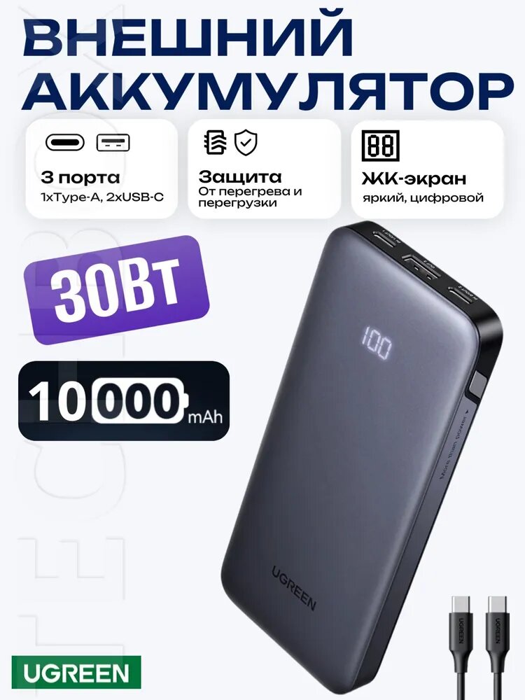Ugreen Внешний аккумулятор Ugreen PB535 (55994), 10000 мАч, 30 Вт, светло-серый, серый металлик, Ugreen PB535 (55994)